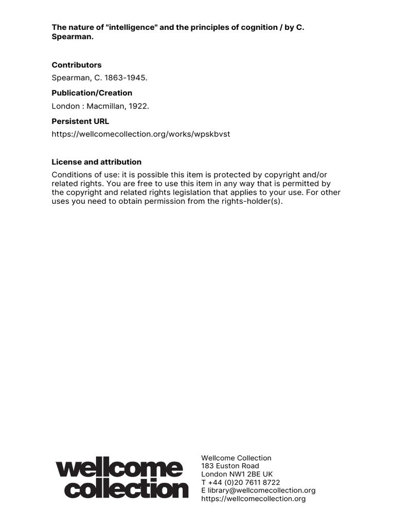 The Nature of Intelligence and The Principles of Cognition, Spearman | PDF