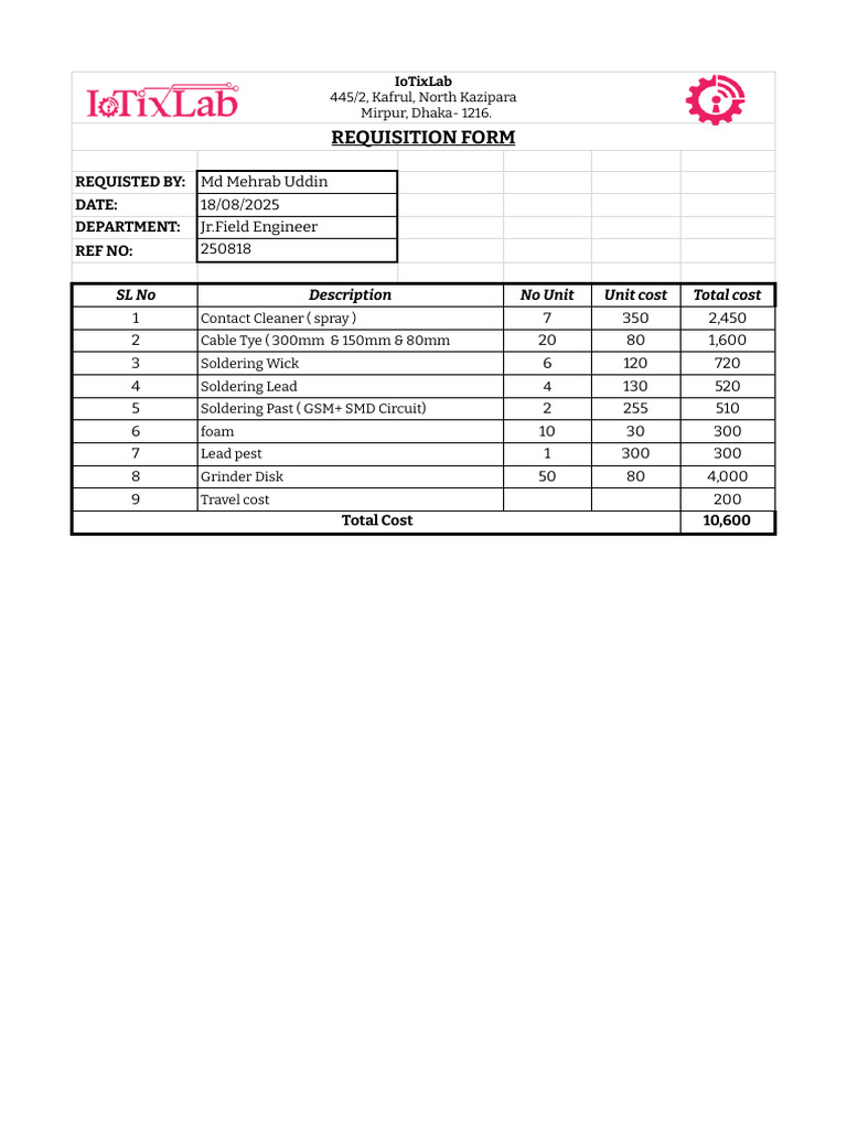 IoTixLab Equipment Requisition Form | PDF