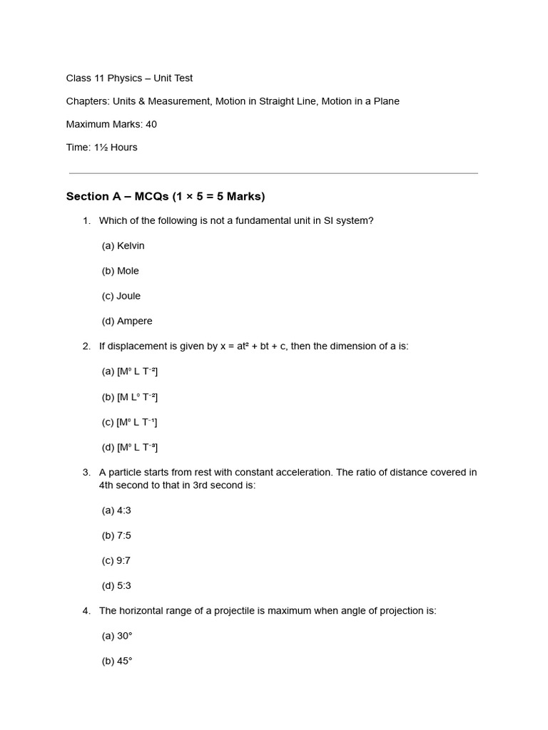 Class 11 Physics Unit Test Guide | PDF | Acceleration | Speed