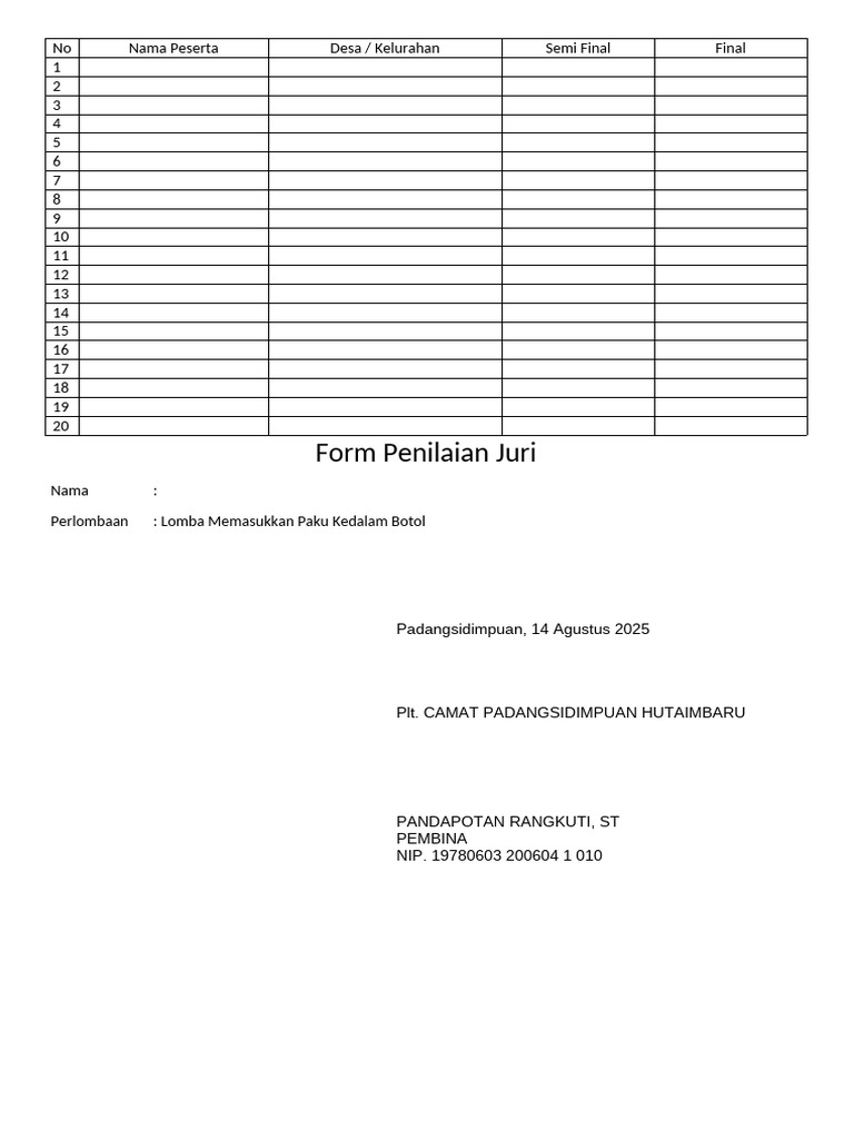 Form Penilaian Lomba Padangsidimpuan | PDF