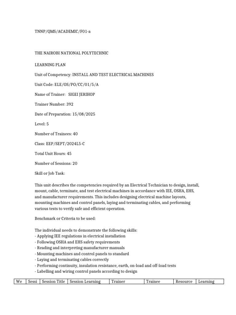 Electrical Machines Installation Plan | PDF | Electrical Wiring