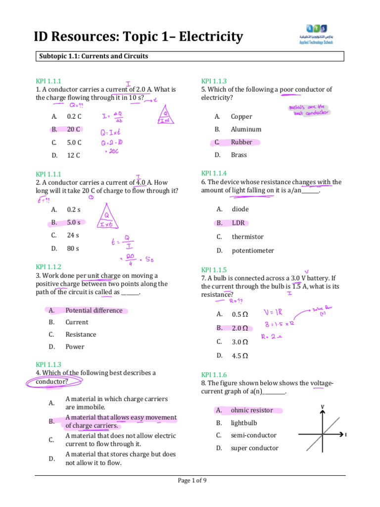 PHY71 ID Electricity Solved Questions | PDF | Electric Current | Resistor