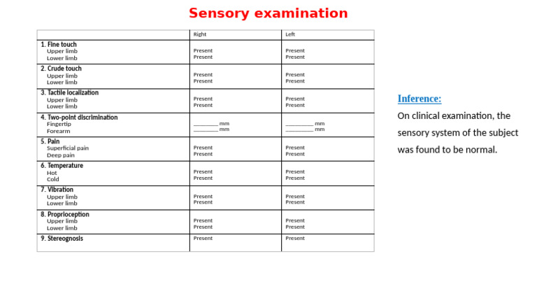 Sensory Examination Format | PDF