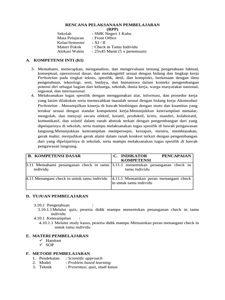RPP Check-in Tamu Individu Front Office | PDF