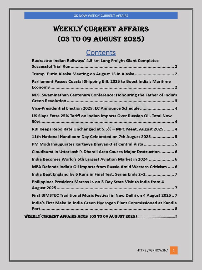 Weekly Curret Affairs 03 To 09 August (English) | PDF