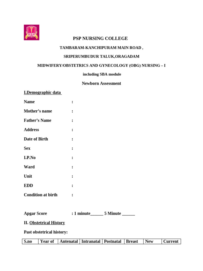OBG Nursing Newborn Assessment Form | PDF | Childbirth | Obstetrics