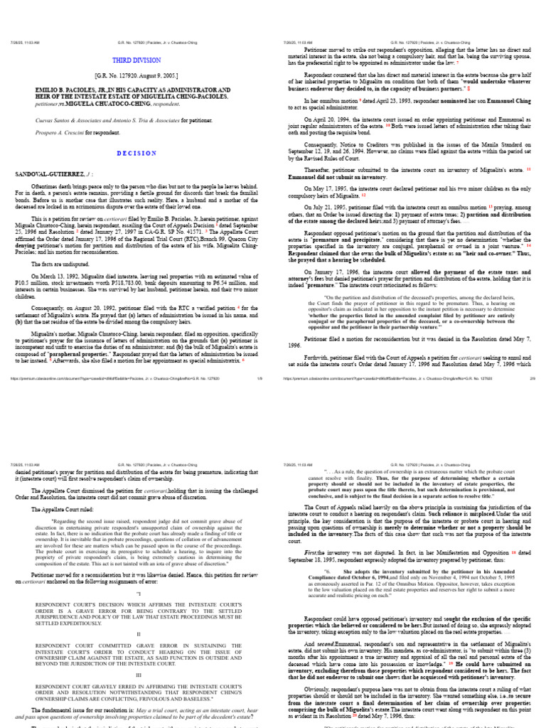 Estate Dispute: Pacioles v. Chuatoco-Ching | PDF | Probate | Intestacy
