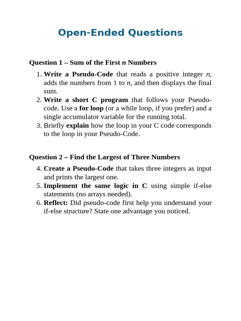 Pseudo-Code and C Programming Exercises | PDF