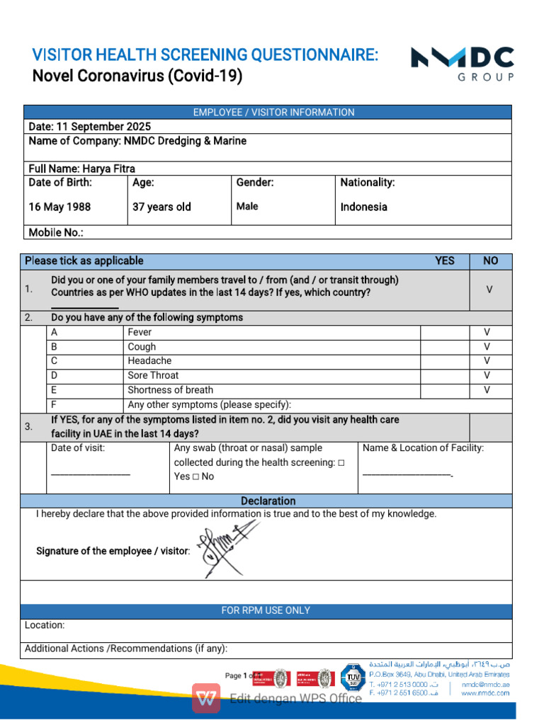 Covid-19 Visitor Health Screening Form | PDF
