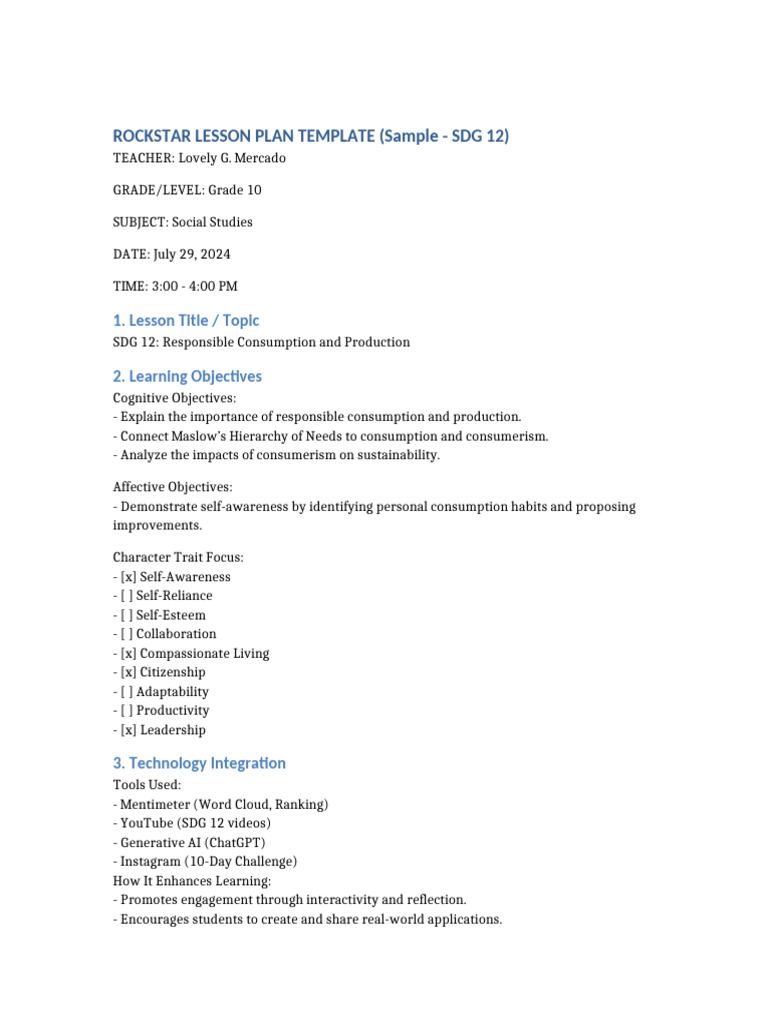 Sample Rockstar Lesson SDG12 | PDF | Consumerism | Behavioural Sciences