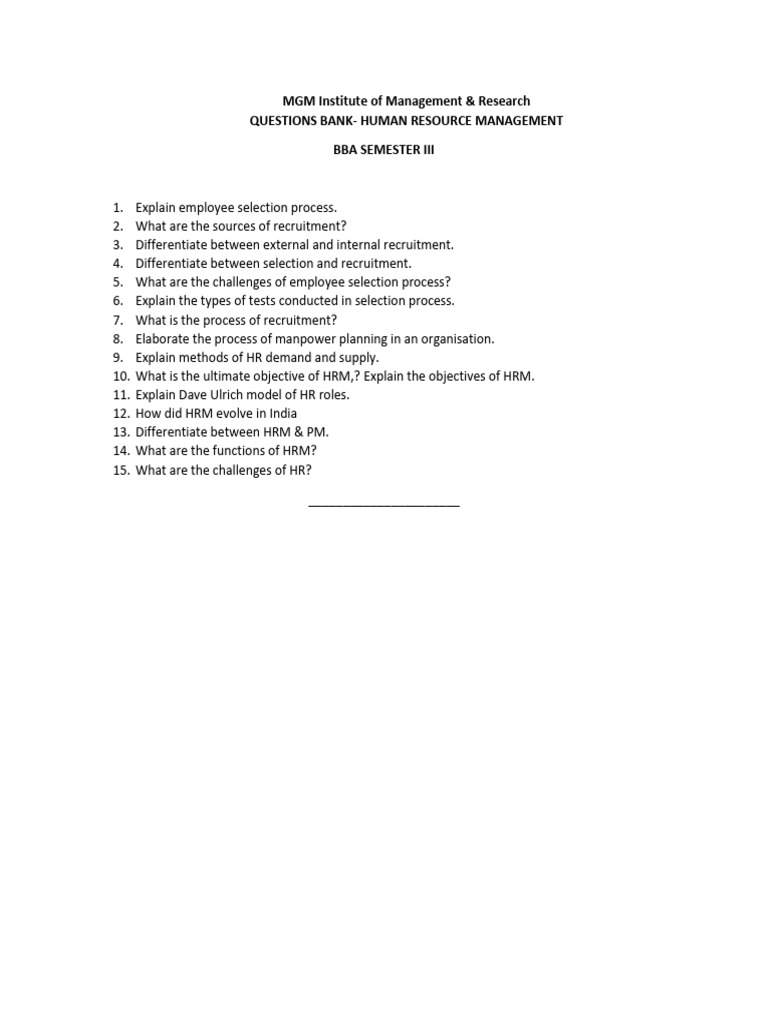 HRM Important Questions for BBA 3rd Sem | PDF