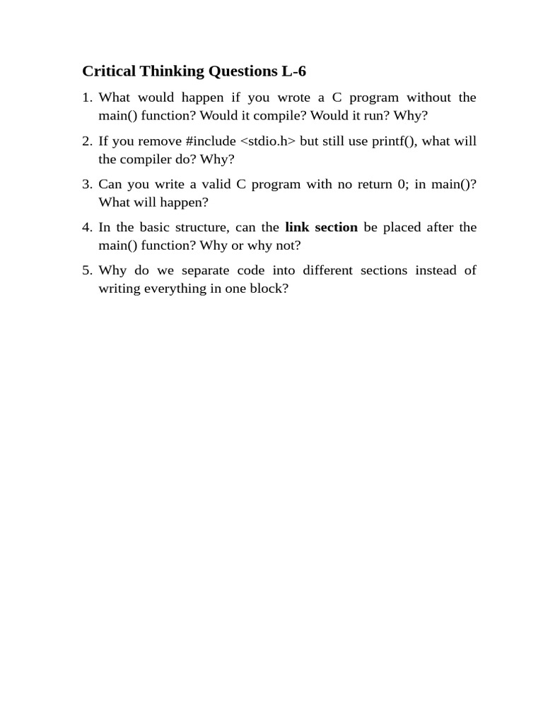 C Programming Critical Thinking Questions | PDF
