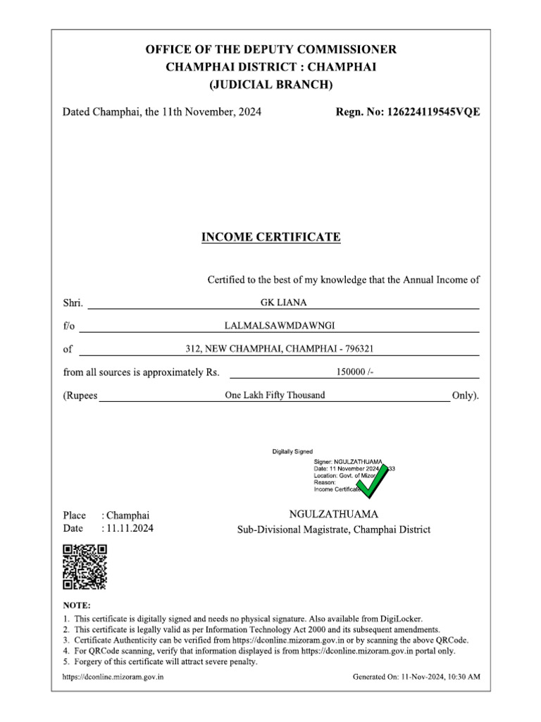 Lalmalsawmdawngi Income Certificate | PDF