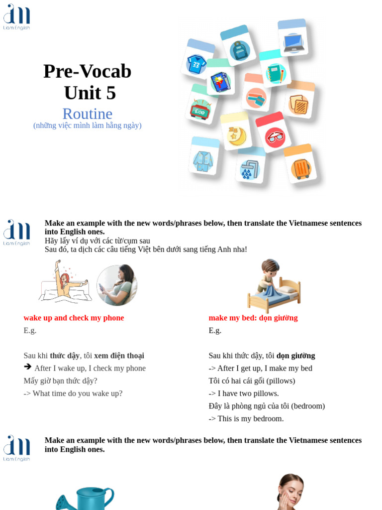 Pre Vocabulary - Unit 5. Routines - TRAN THI THUY HONG | PDF