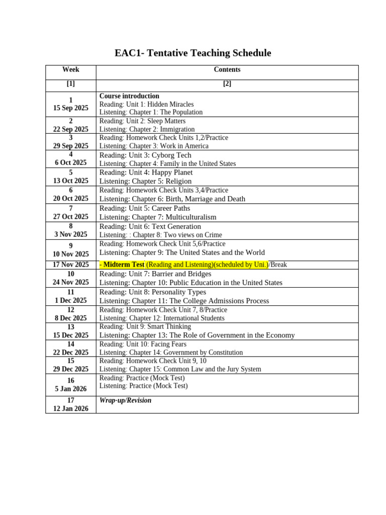 Tentative Teaching Schedule | PDF