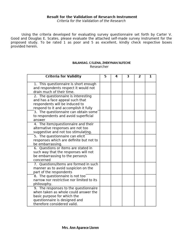 Survey Instrument Validation Criteria | PDF