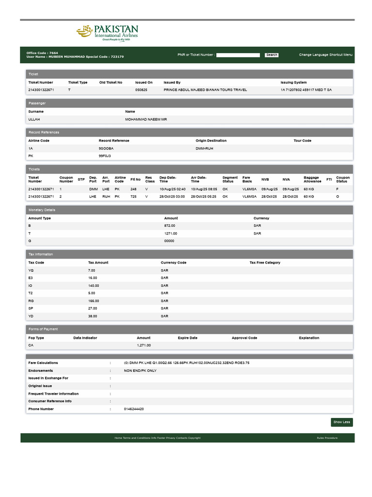 MR MOHAMMAD NAEEM - Ticket Display - Pakistan Airlines | PDF | Airlines | Civil Aviation
