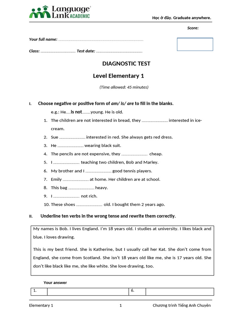 Diagnostic Test for Elementary English | PDF
