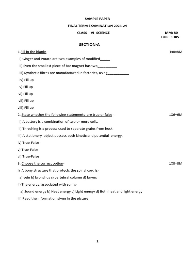 Class VI Science Final Exam Paper 2023 | PDF | Crystallization | Chemistry