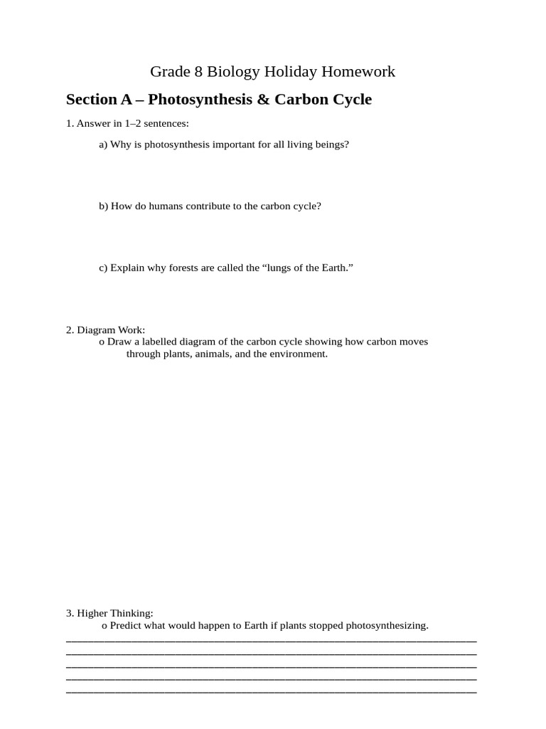 Grade 8 Biology Holiday Homework | PDF