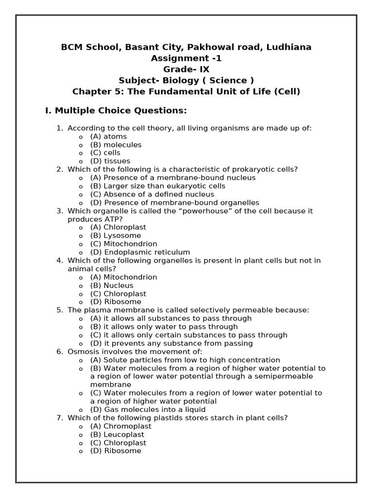 Grade IX Biology: Cell Structure Quiz | PDF | Cell (Biology) | Cell ...