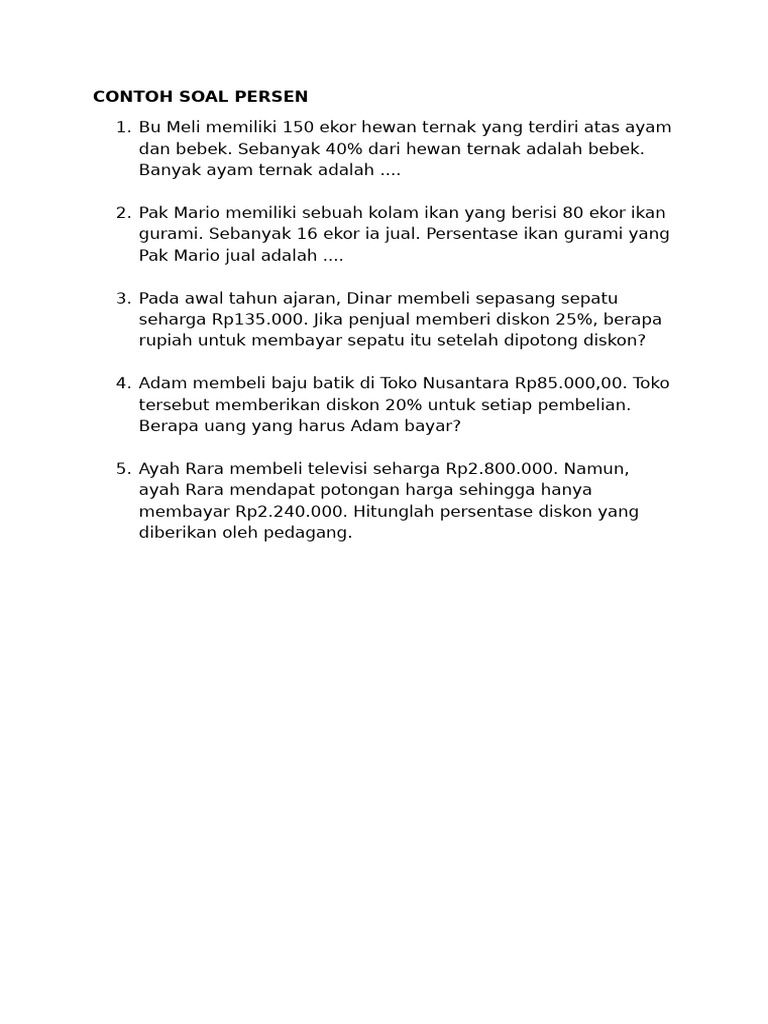 Contoh Soal Persen dan Diskon | PDF