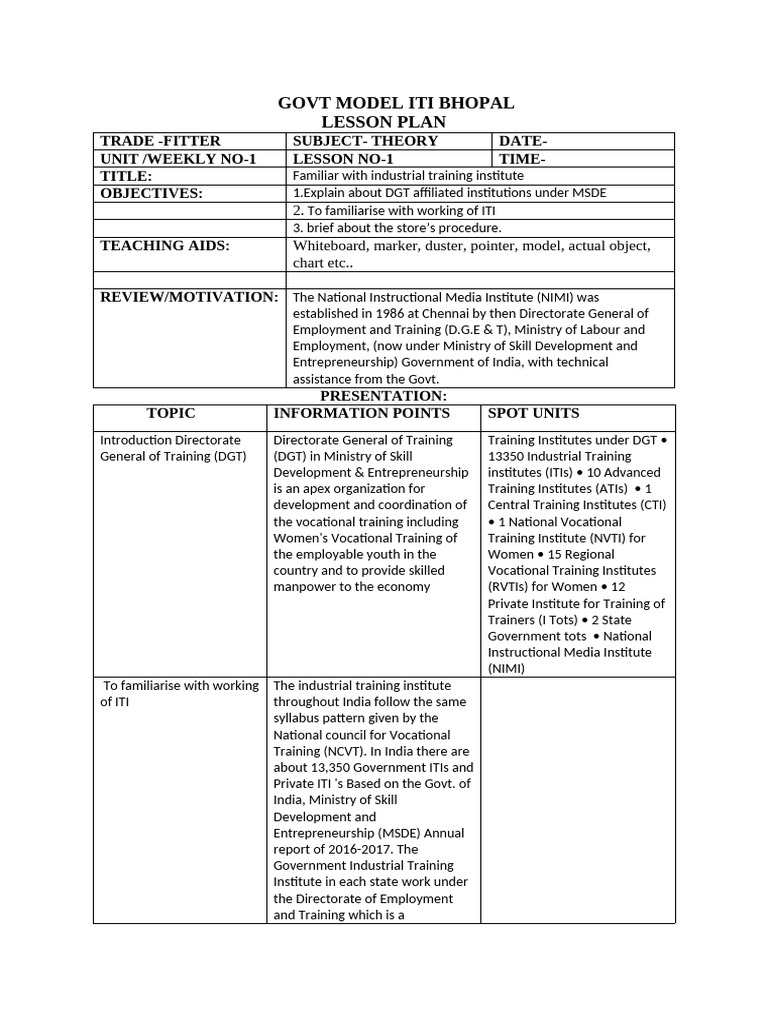 ITI Bhopal Lesson Plans for Fitter Trade | PDF | First Aid | Personal ...