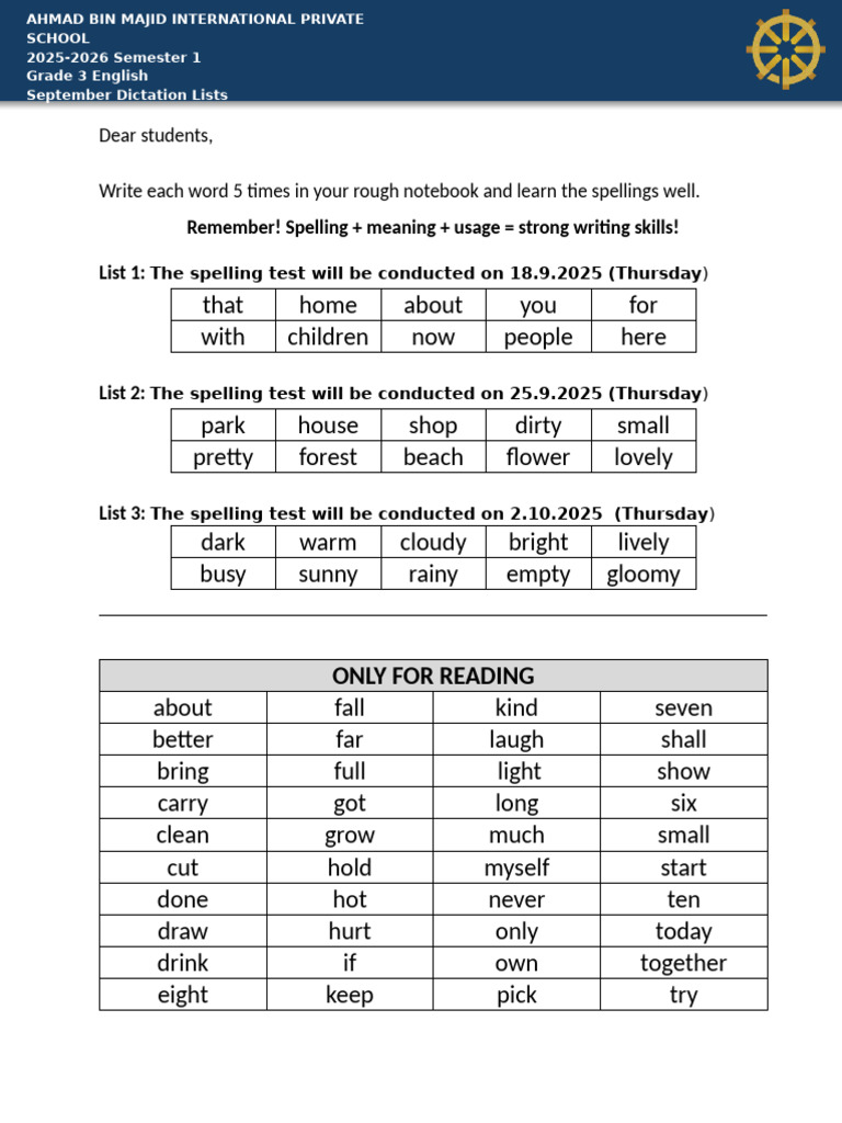 Dictation List September Grade 3 | PDF