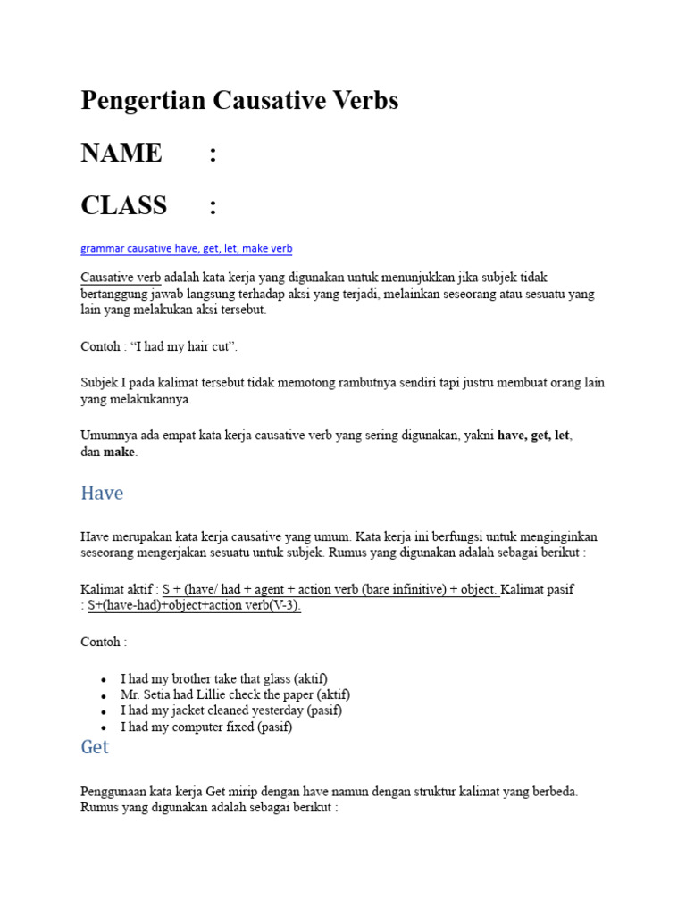 Grammar Causative Have, Get, Let and Make Grade Xi | PDF | Linguistic Typology | Linguistic ...