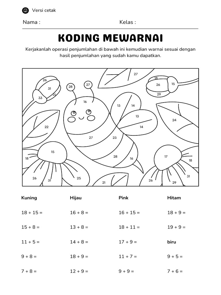 Koding Mewarnai Berdasarkan Penjumlahan Matematika Lembar Kerja Seni Rupa Numerasi Biru ...