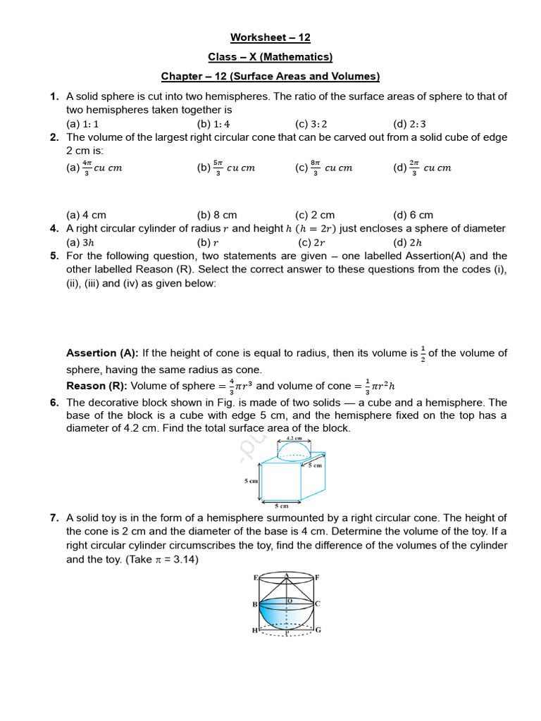 Class X Math Worksheet: Surface Areas & Volumes | PDF | Sphere | Area
