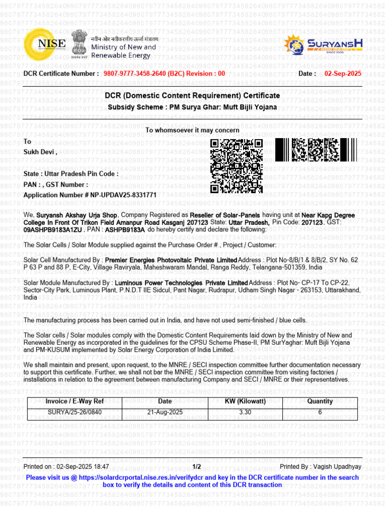 DCR Certificate for Solar Panels 2025 | PDF | Photovoltaics ...