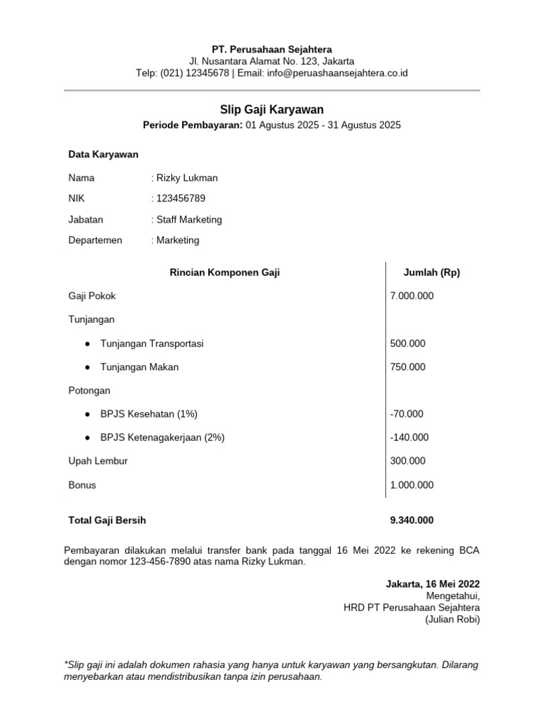Slip Gaji Karyawan PT Sejahtera 2025 | PDF