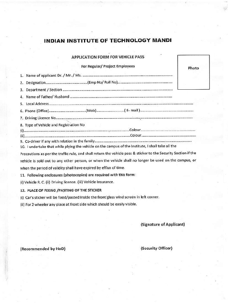 Vehicle Pass Application Form | PDF