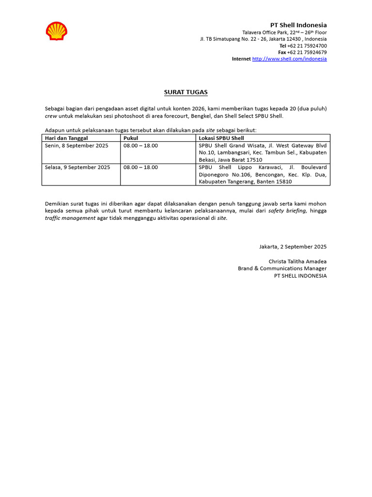 Surat Tugas Photoshoot SPBU Shell 2025 | PDF