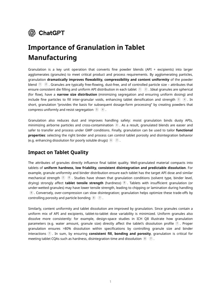 Importance of Granulation in Tablet Manufacturing | PDF | Tablet (Pharmacy) | Industrial Processes