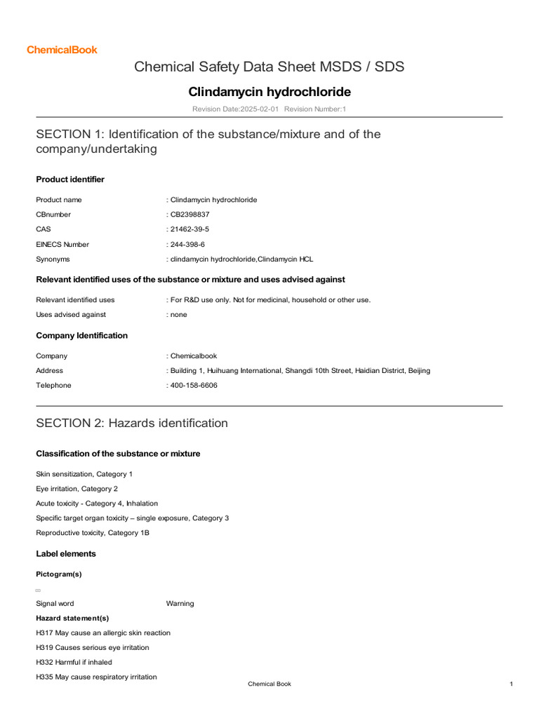 Clindamycin Hydrochloride - Safety Data Sheet | PDF | Dangerous Goods | Toxicity