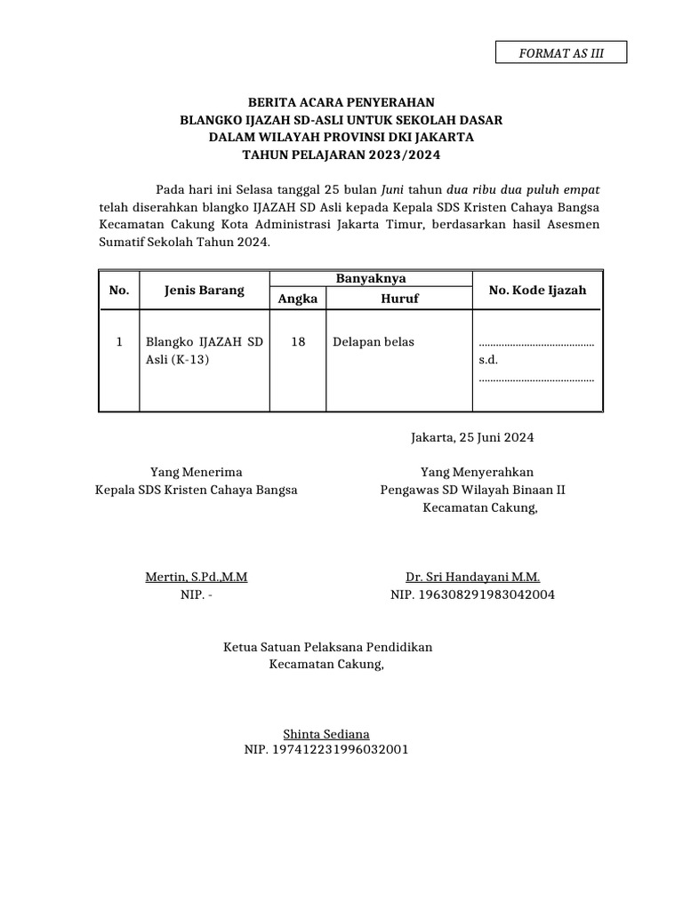 Penyerahan Ijazah SD DKI Jakarta 2024 | PDF