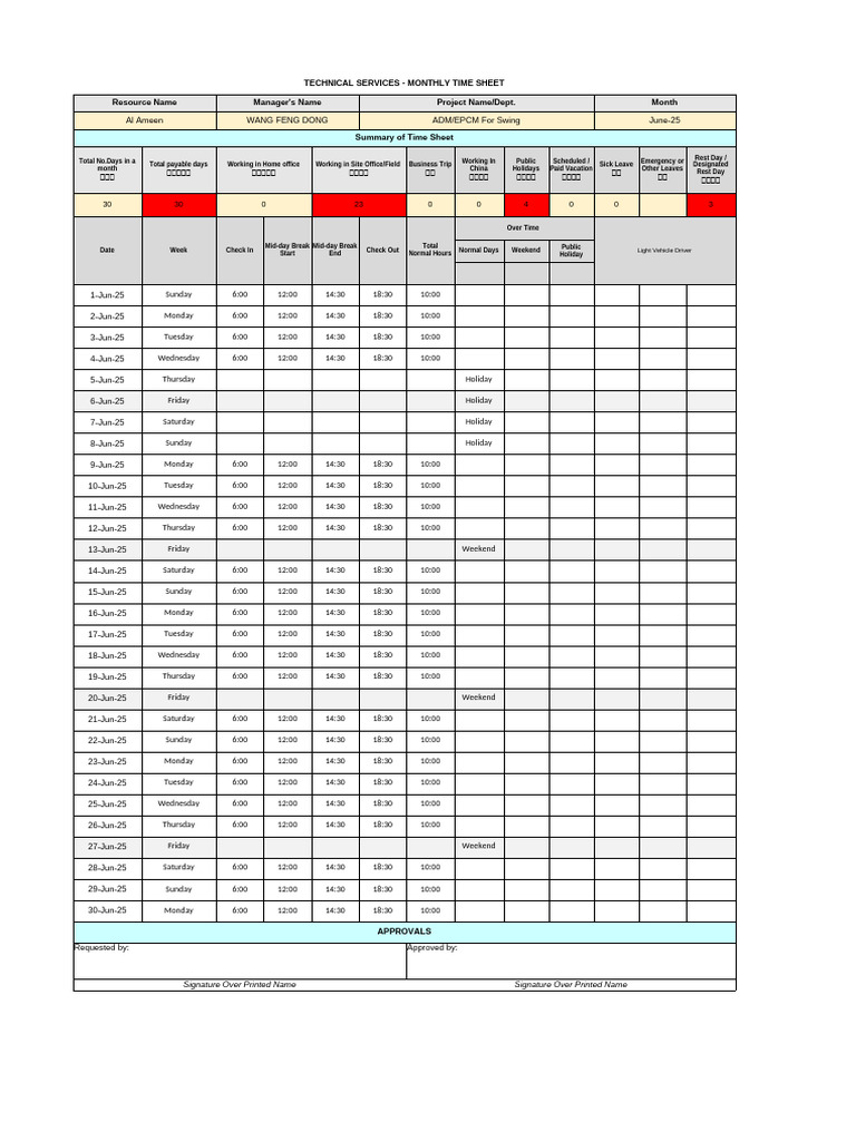Monthly Time Sheet Summary: June 2025 | PDF | Workweek And Weekend ...