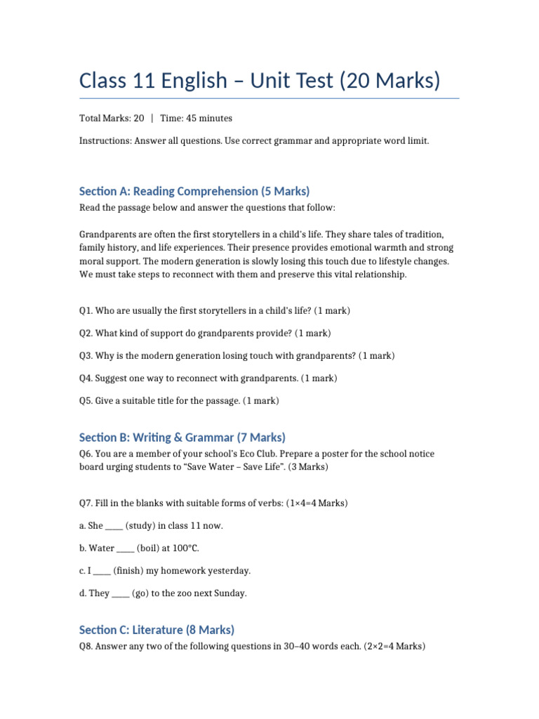 Class 11 English Unit Test Overview | PDF