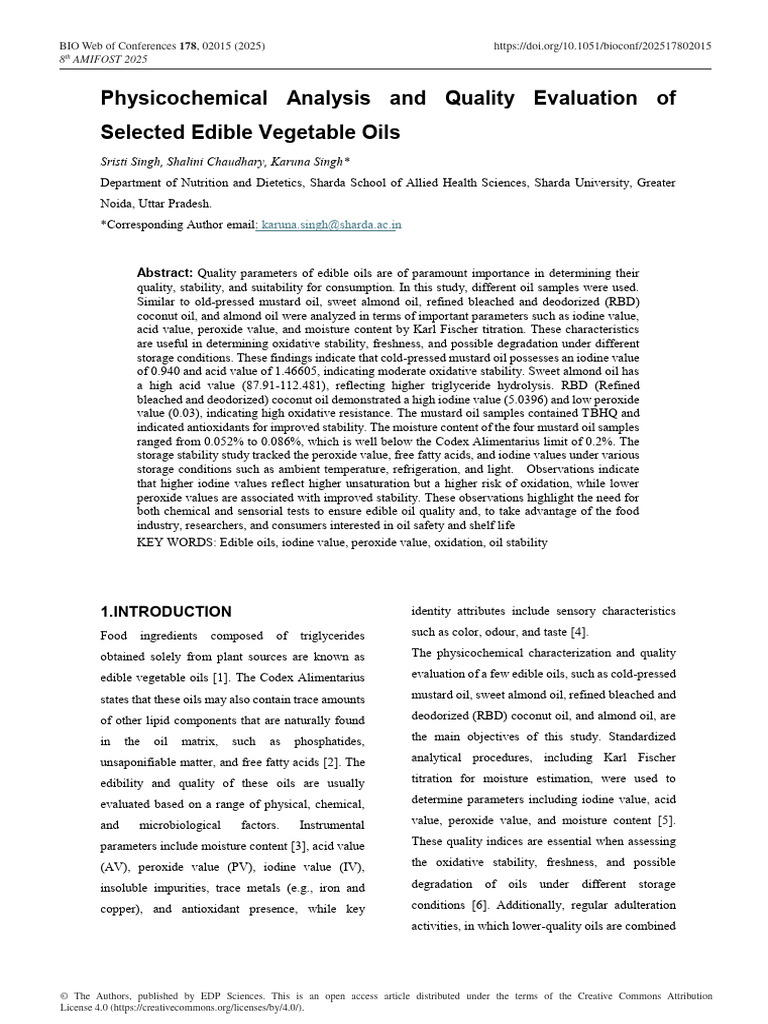 Physicochemical Analysis and Quality Evaluation of | PDF | Cooking Oil ...