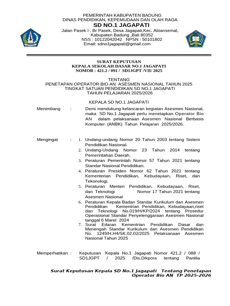 Penetapan Operator Bio AN 2025 SD 1 Jagapati | PDF
