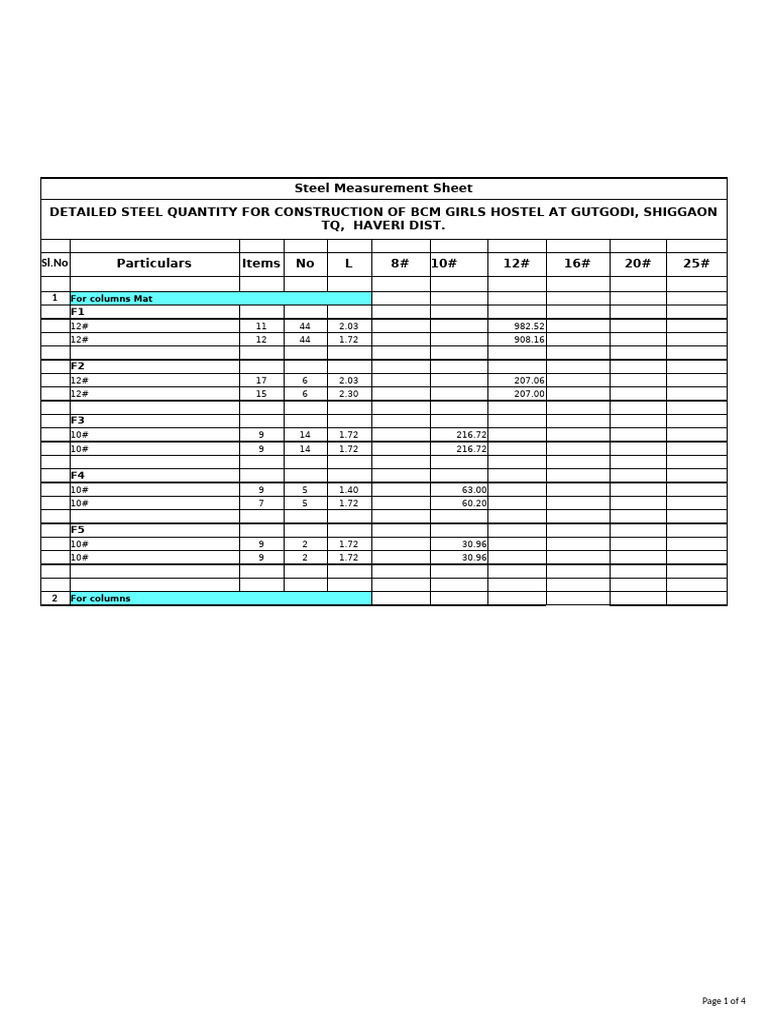 Steel Quantity Calculation for Hostel | PDF