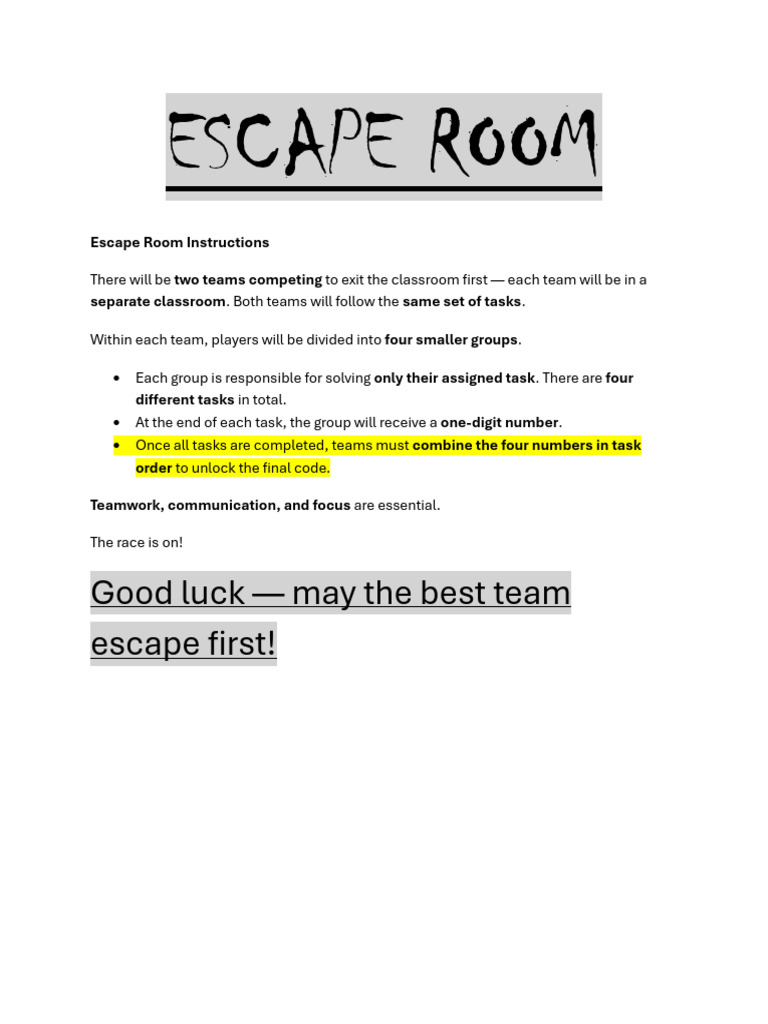 Escape Room Team Challenge Guide | PDF