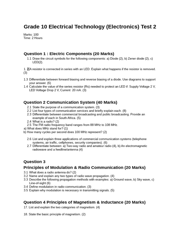 Grade 10 Electronics Test Overview | PDF | Radio | Diode