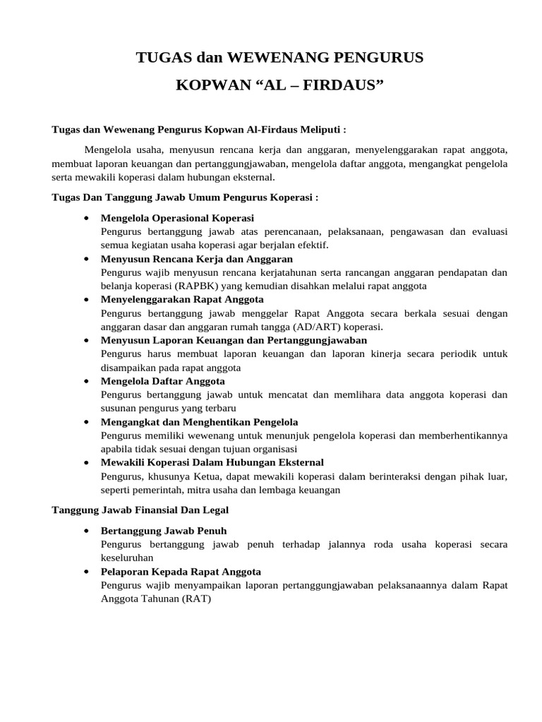 Tugas dan Wewenang Pengurus Koperasi | PDF