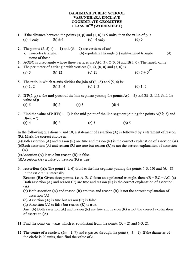 Maths Class X Chapter 07 Coordinate Geometry Practice Paper 07 Answers ...