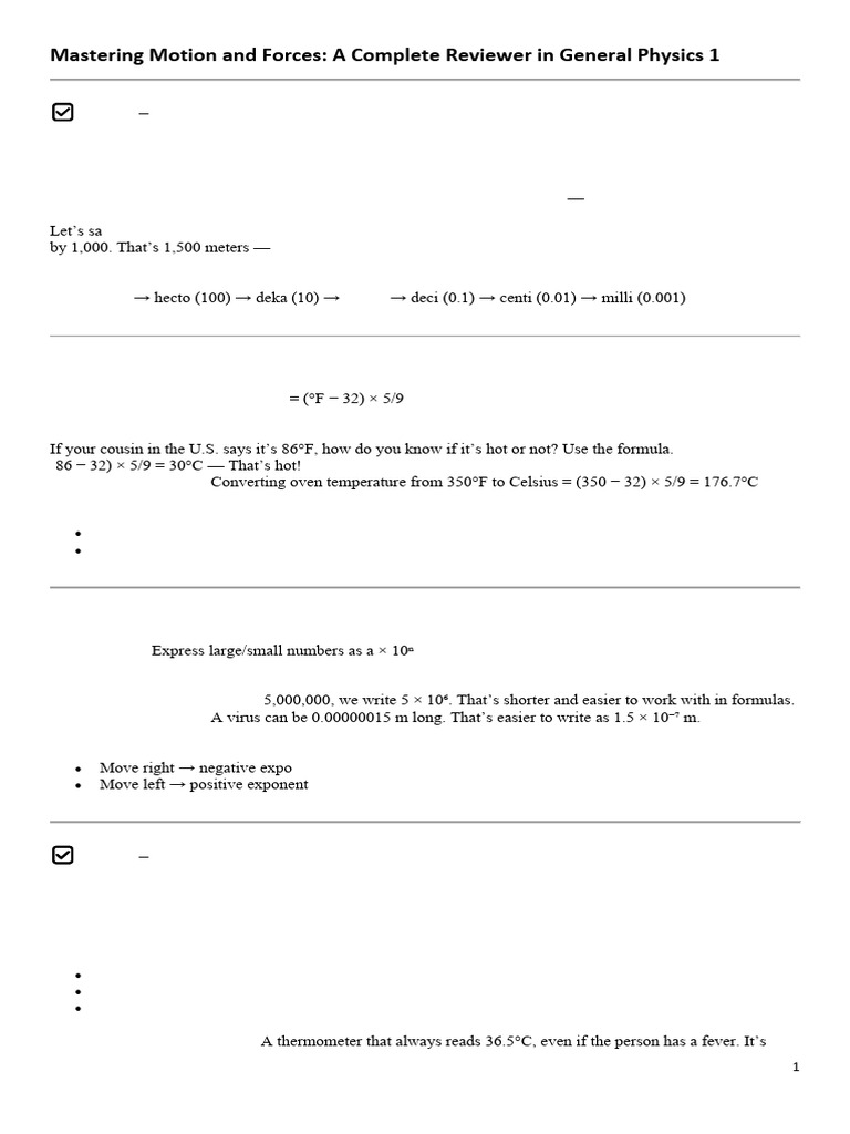 General Physics 1: Motion & Forces Guide | PDF | Force | Acceleration