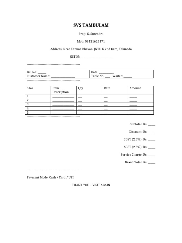 SVS Tambulam Kakinada Invoice Template | PDF