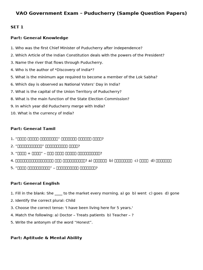 Puducherry VAO Exam Sample Papers 2025 | PDF